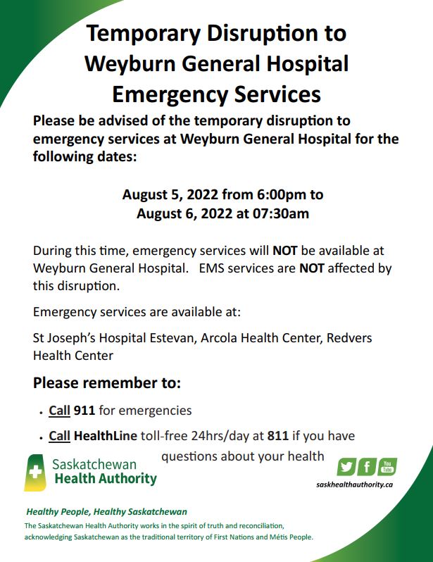 Temporary Disruption to Emergency Services - August 5-6 - Weyburn ...